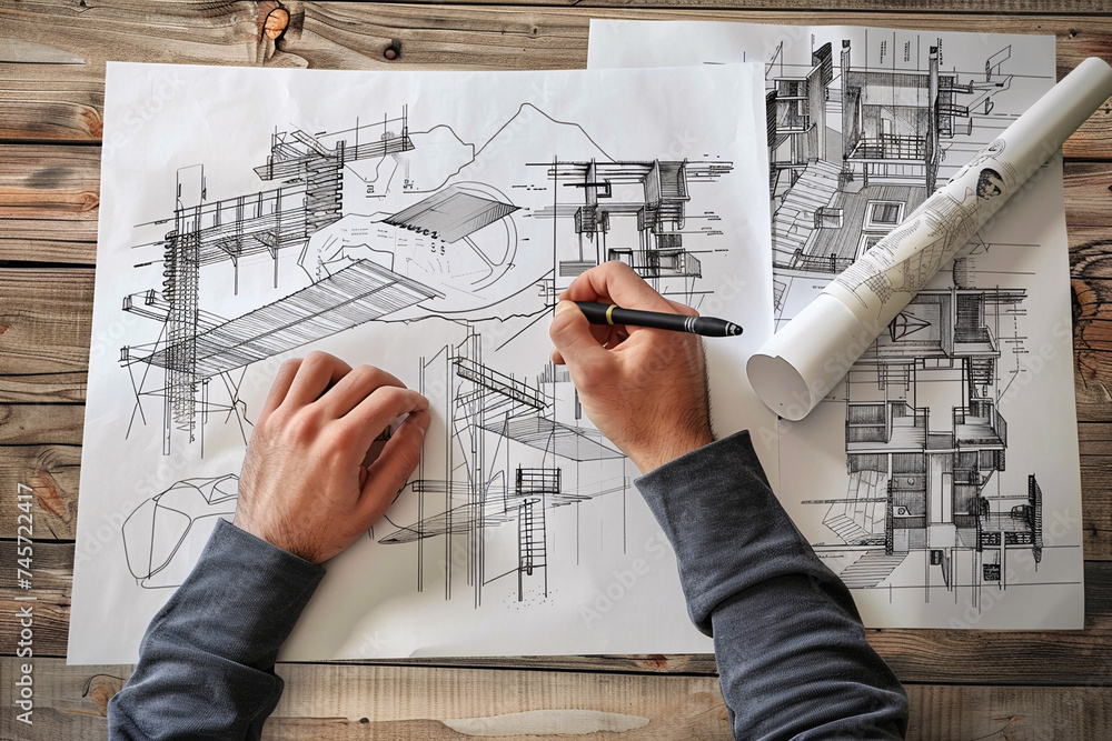 engineer drawing a blueprint, drawing blueprint, close up of a person ...