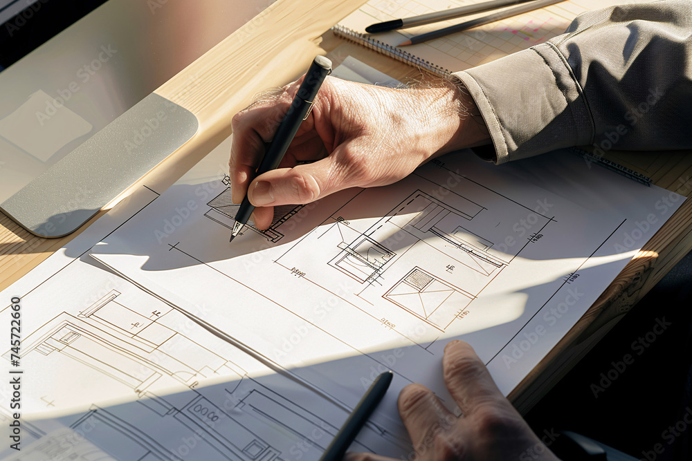 engineer drawing a blueprint, drawing blueprint, close up of a person ...