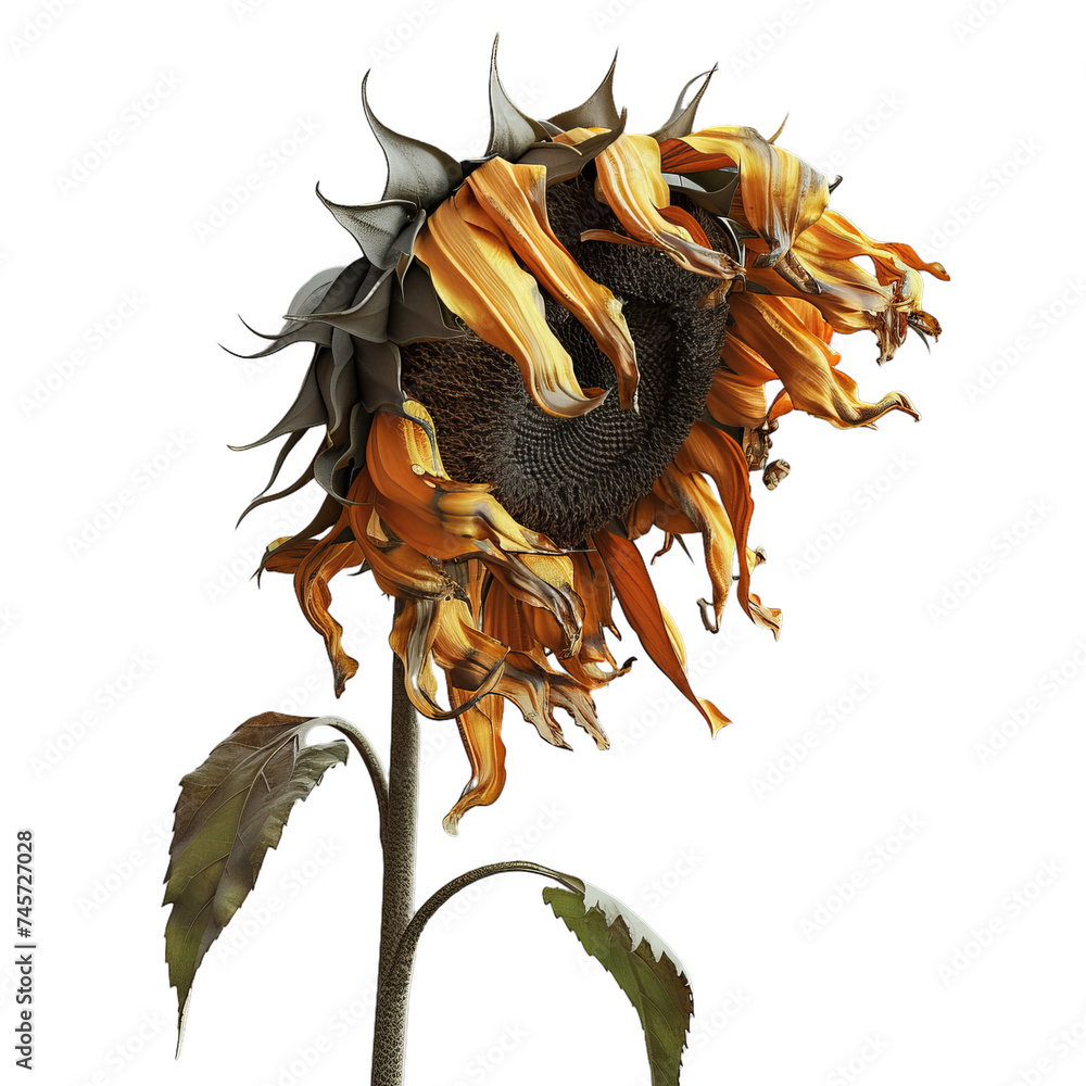 wilting sunflower with drooping petals isolated on transparent ...