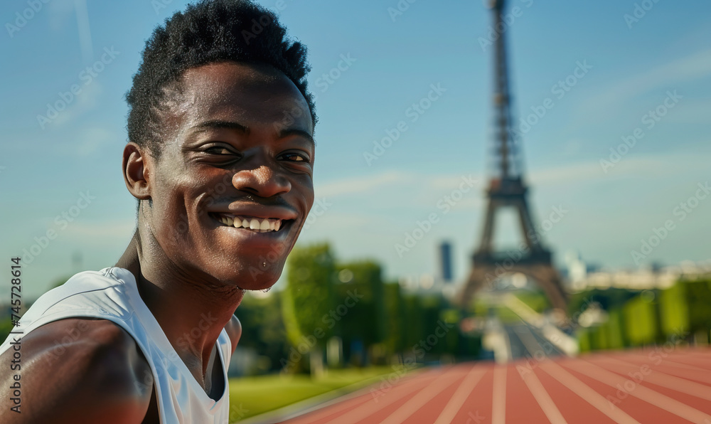 Smiling black man male athlete on athletics track, Eiffel Tower like ...