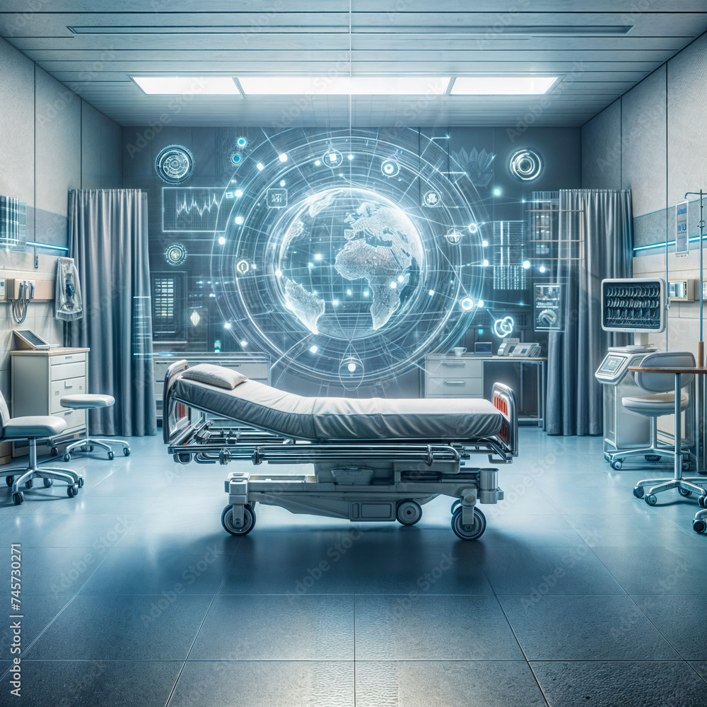 a hospital room with a bed in the middle of the room, a stock photo ...