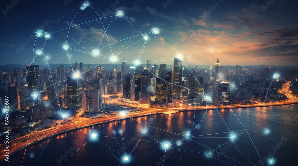 Blurry network interface with arrows pointing up over New York city ...