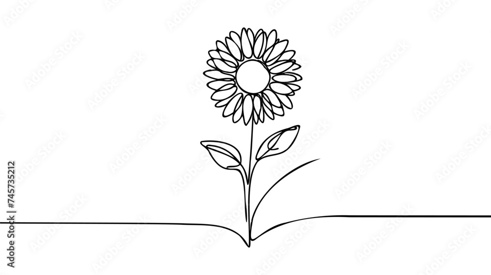 One line sunflower element. Black and white monochrome continuous ...