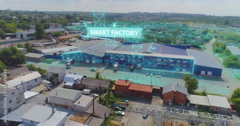 Visualization of a smart factory. Smart factory top view. Smart factory ...