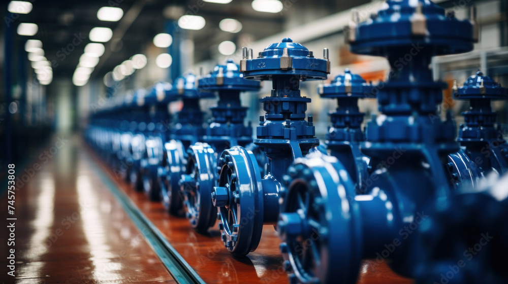 Blue valves in a factory, industrial and manufacturing concepts. Stock ...