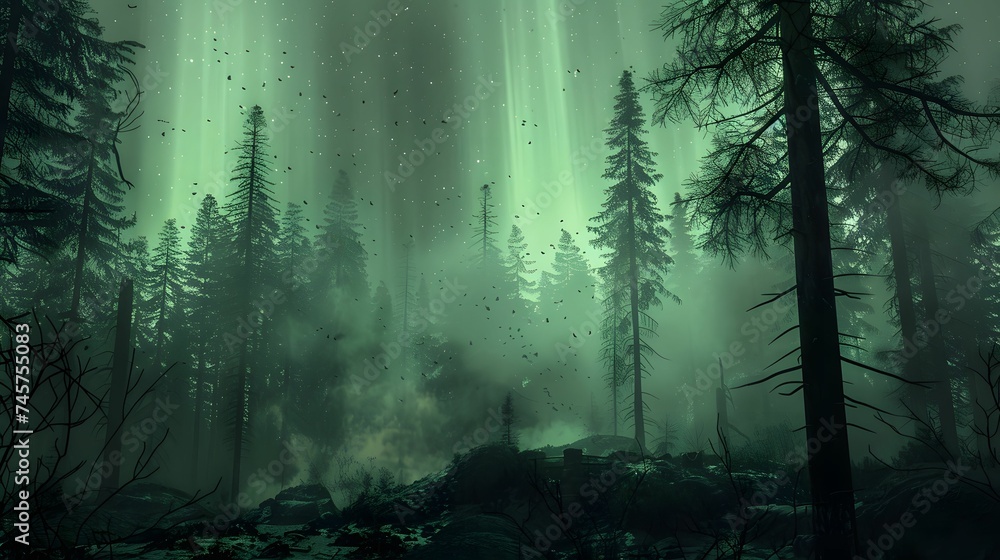Dystopian forest illuminated by the eerie glow of auroras with geysers ...