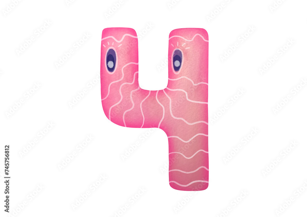 Watercolor number 4. digit four , Figures with eyes that look like ...