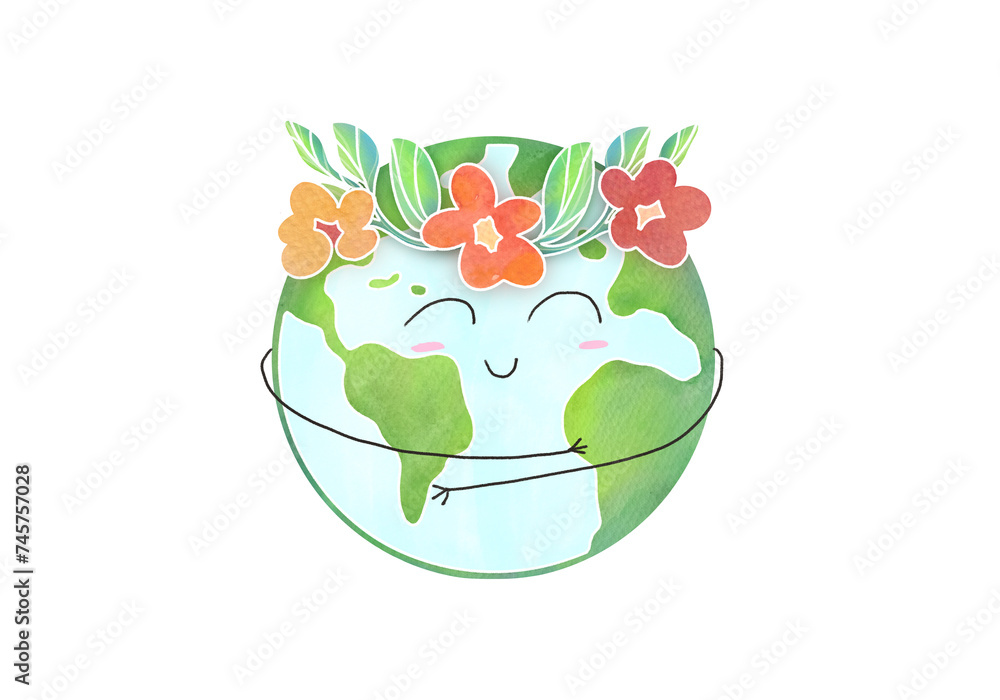 watercolor cute earth planet character with flowers, hugs. Earth day ...