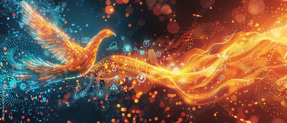 an illustration of a digital phoenix rising from pixelated ashes ...