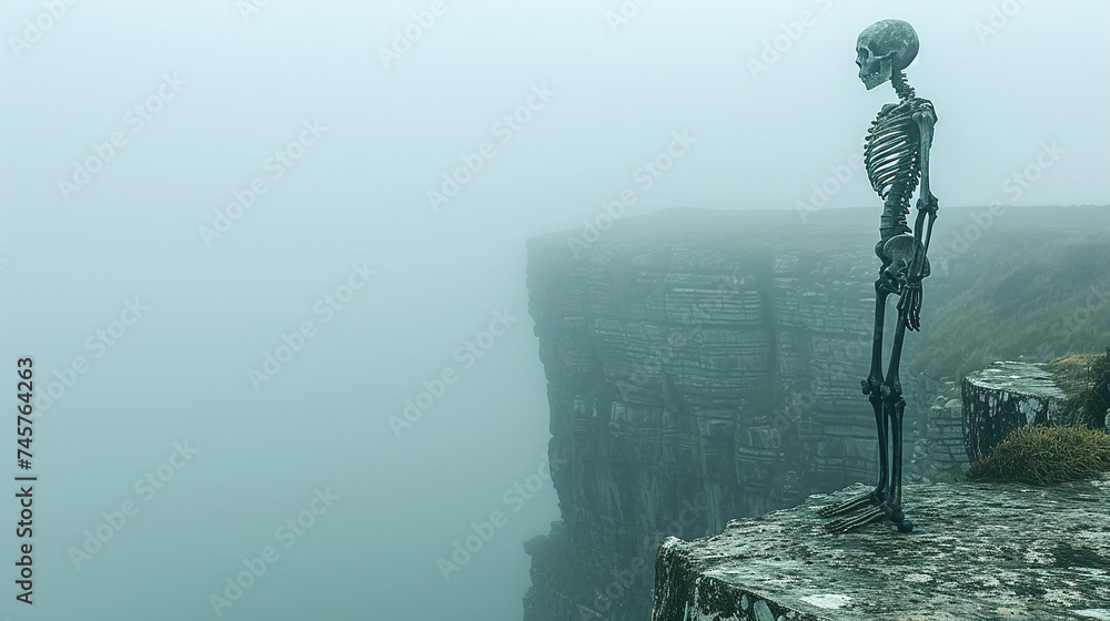 Human Skeleton Standing on a Misty Cliff Edge with Eerie Atmospheric ...