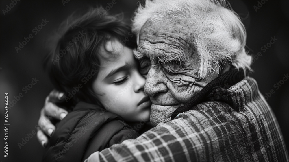 Intergenerational Love and Care Black and White Showing Tender Embrace ...