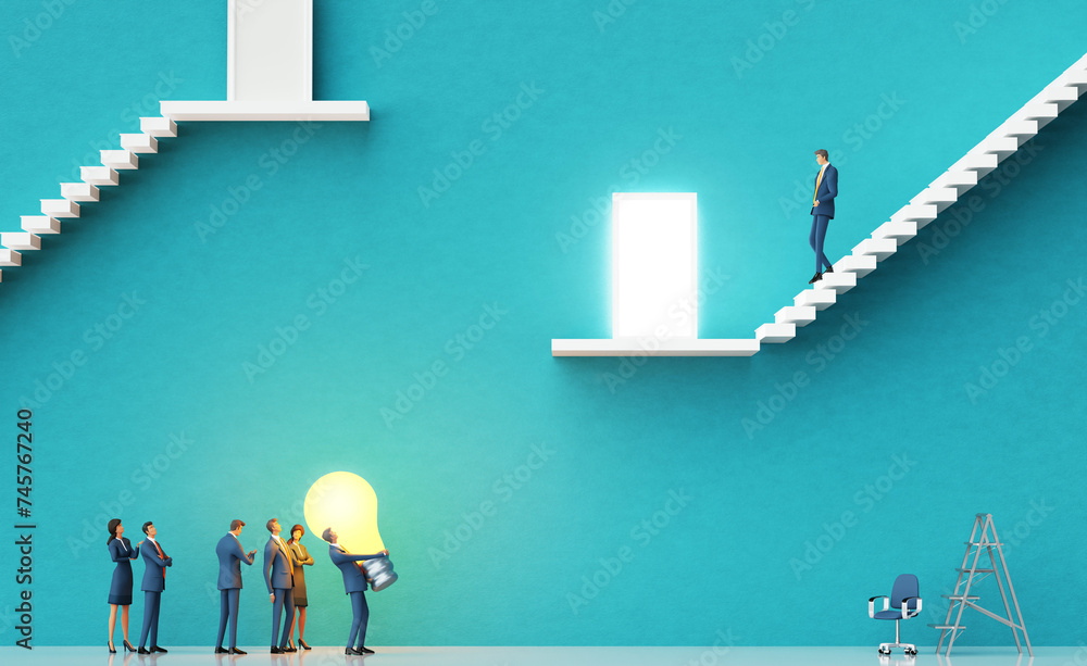 Business team presenting innovative idea, project plan. Light bulb as ...