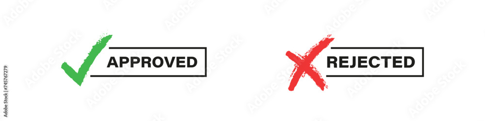 Approved and rejected stamp vector icon. Approve, reject checkmark and ...