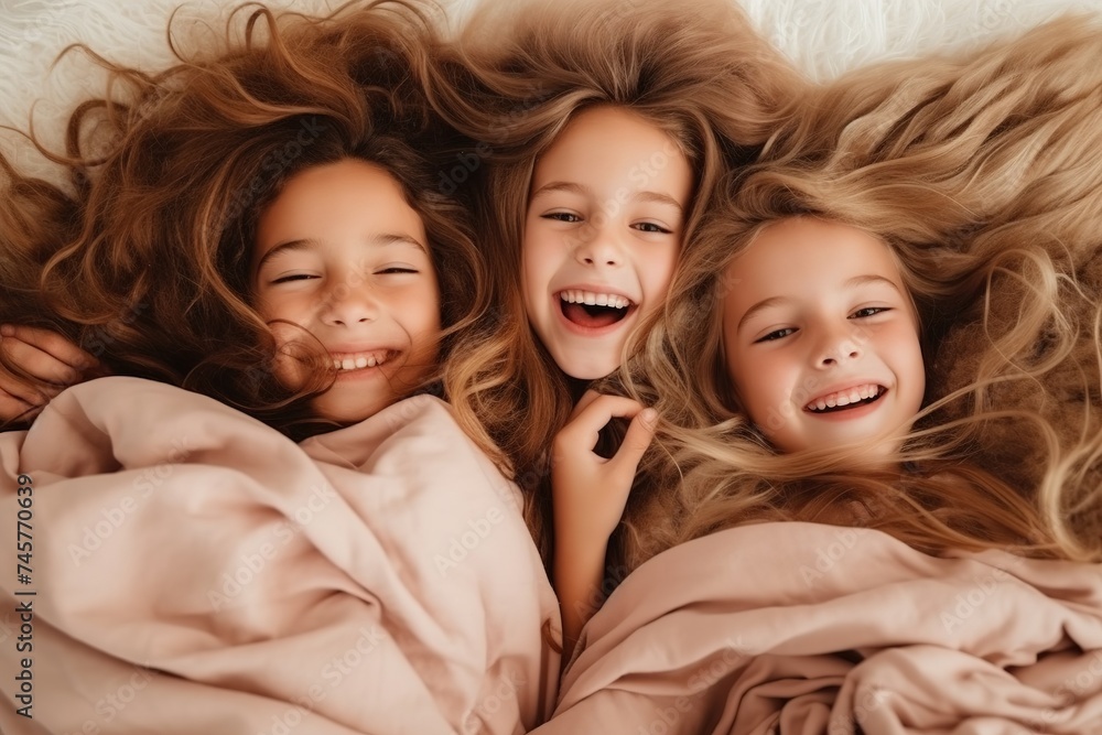 Slumber party timeless childhood tradition. Little Girls relaxing on ...