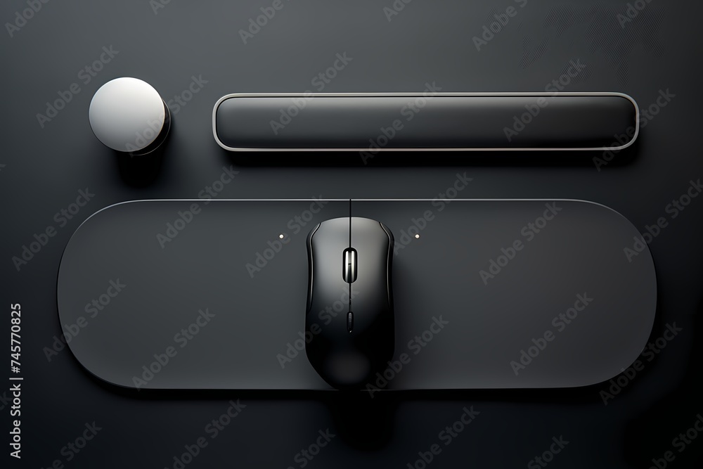 Elevated view of a modern desk setup, showcasing a sleek ergonomic ...
