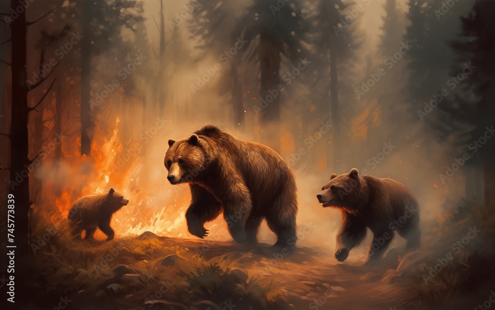 a mother bear with her cubs is running away, trying to escape from a ...