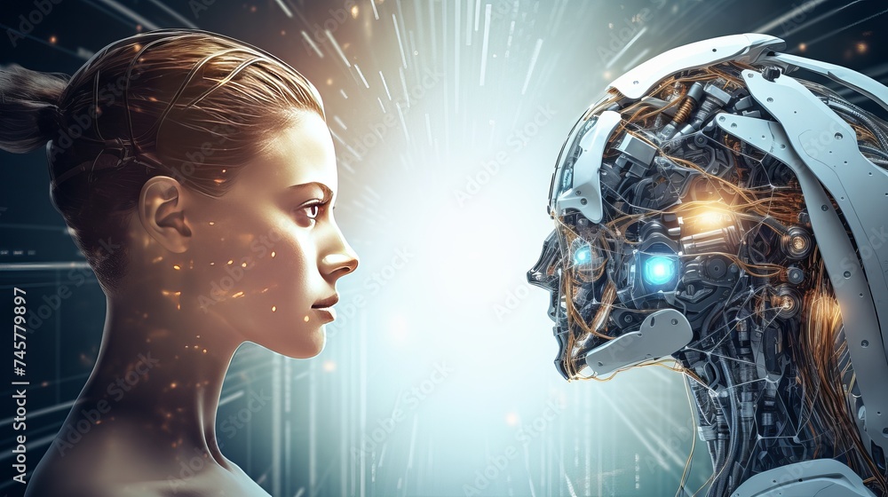 The faces of human and a robot on opposite sides Looking at each other ...