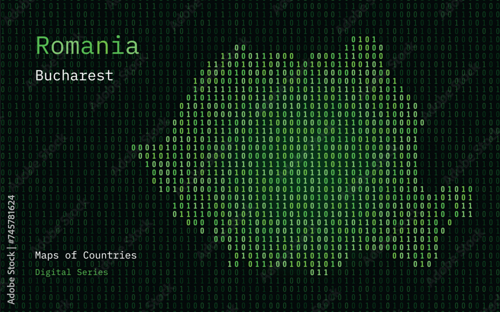 Romania Map Shown in Binary Code Pattern. Matrix numbers, zero, one. World Countries Vector Maps ...