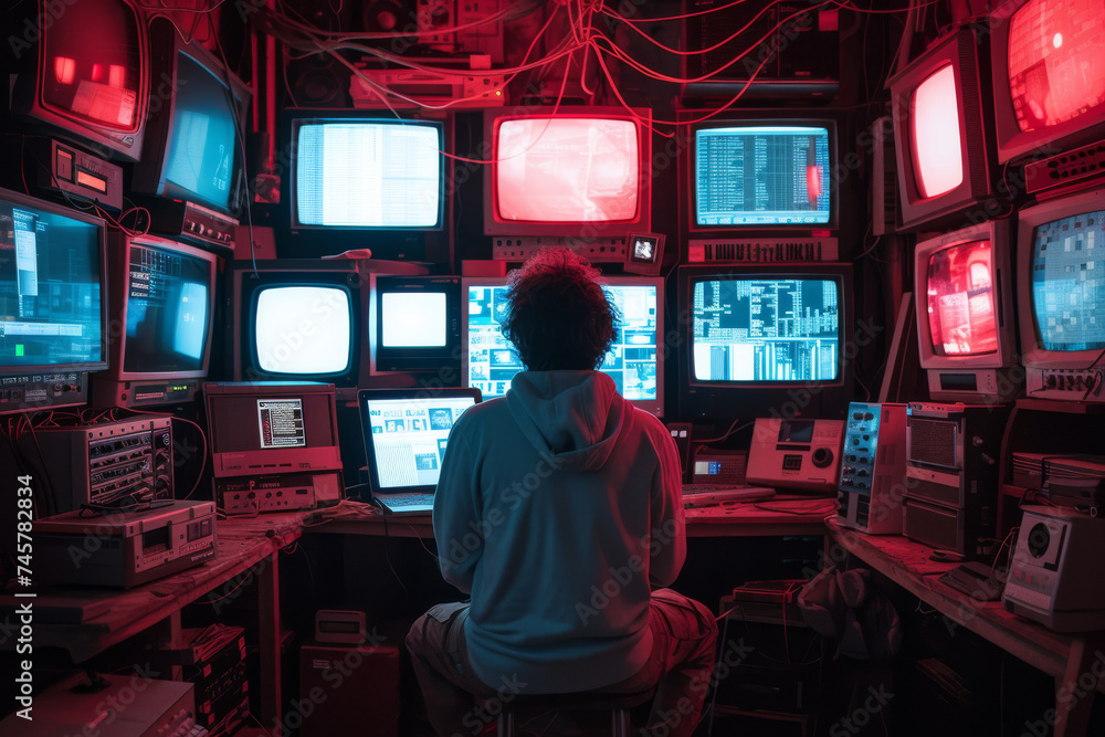 Back view of an unidentified programmer, ransomeware hacker surrounded ...