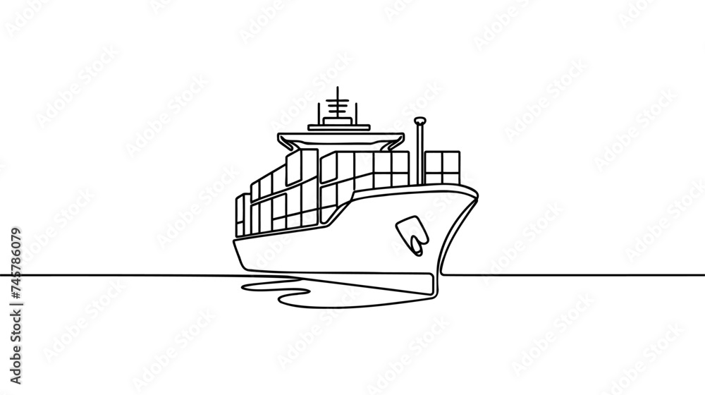 Continuous one line drawing cargo ship with containers in the port ...