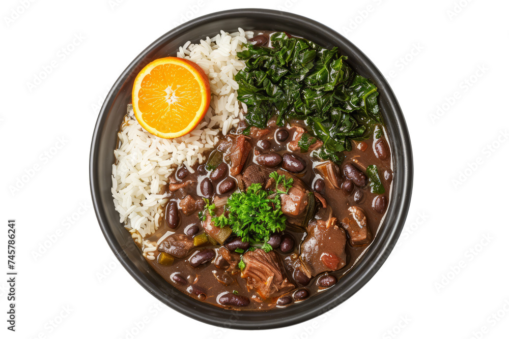 top view of feijoada, a traditional Brazilian stew featuring black ...