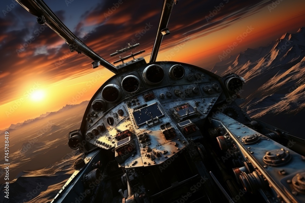 Side view of a modern fighter pilot seated in the cockpit, set against ...