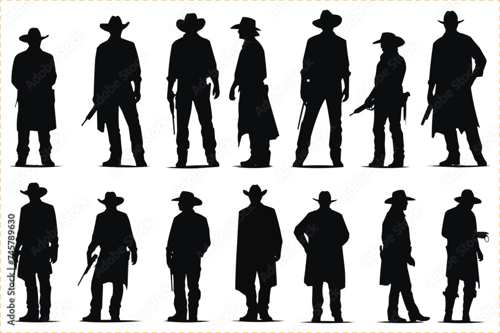 Set of cowboy silhouettes, Black silhouettes of Cowboy, silhouettes of ...