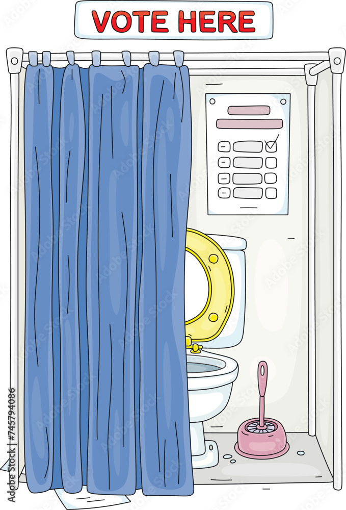 Polling booth with a toilet seat behind a curtain for voting in an ...