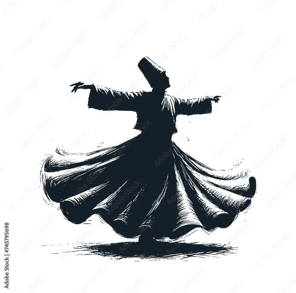The Sufi dancers on stage. Black white vector illustration. Stock ...