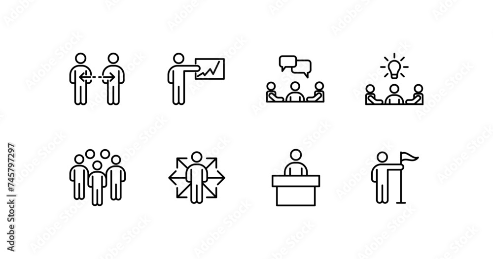 People icons with action icons. Outline, set of people with a schedule ...