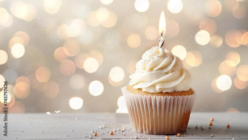 birthday cupcake with candle on light grey table. cupcake with white ...