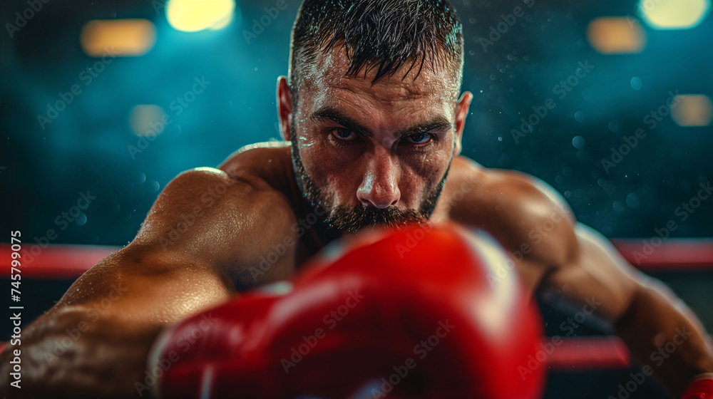 Intense male boxer throwing punch in ring, focus on determination ...