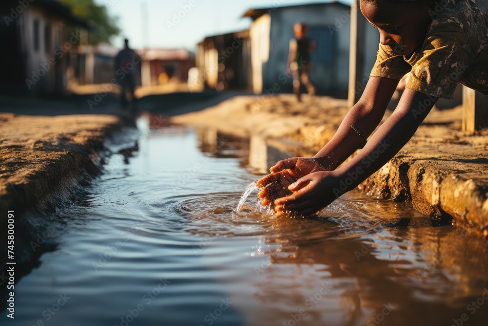 Foto de Close up hand of African child in a poor neighborhood near a ...
