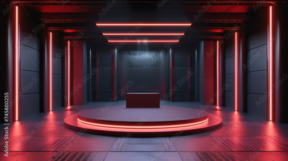 Red Neon Cube Display in Reflective Dark Room, A striking red neon cube ...