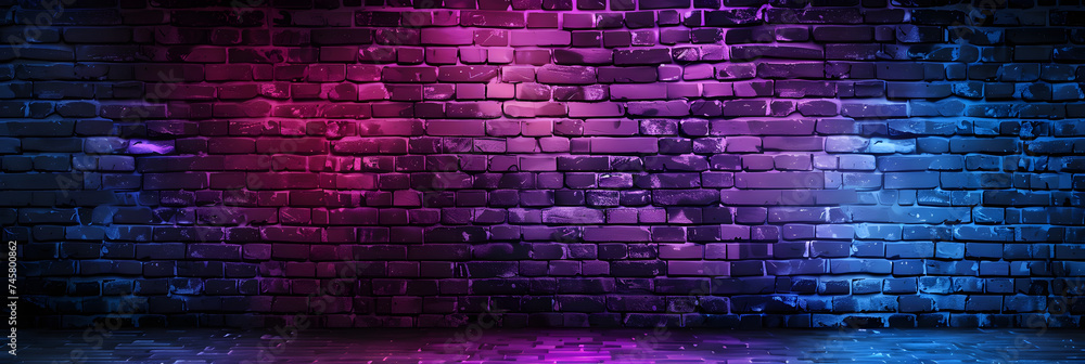 Black brick wall background with neon lighting effect from pink and ...