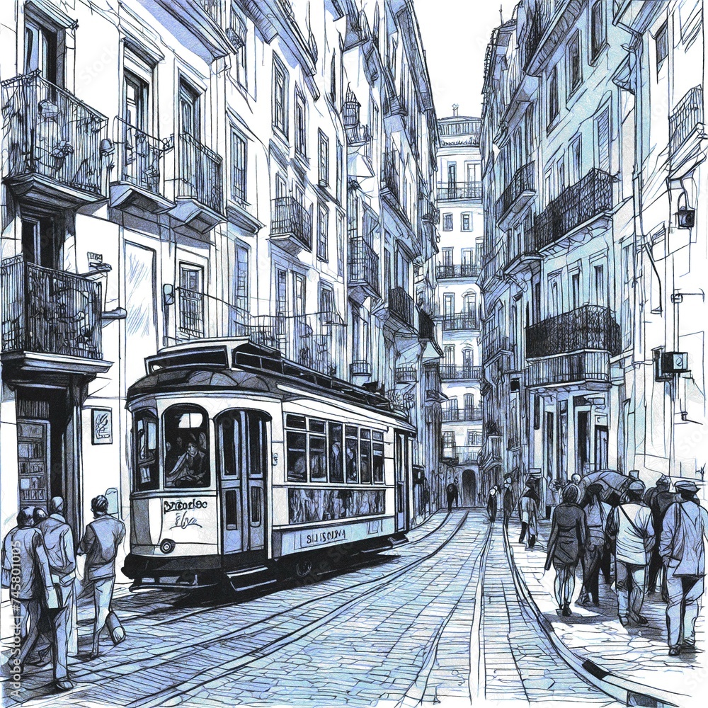 Название: Lisbon Cityscape Sketch Описание: A detailed sketch of a ...