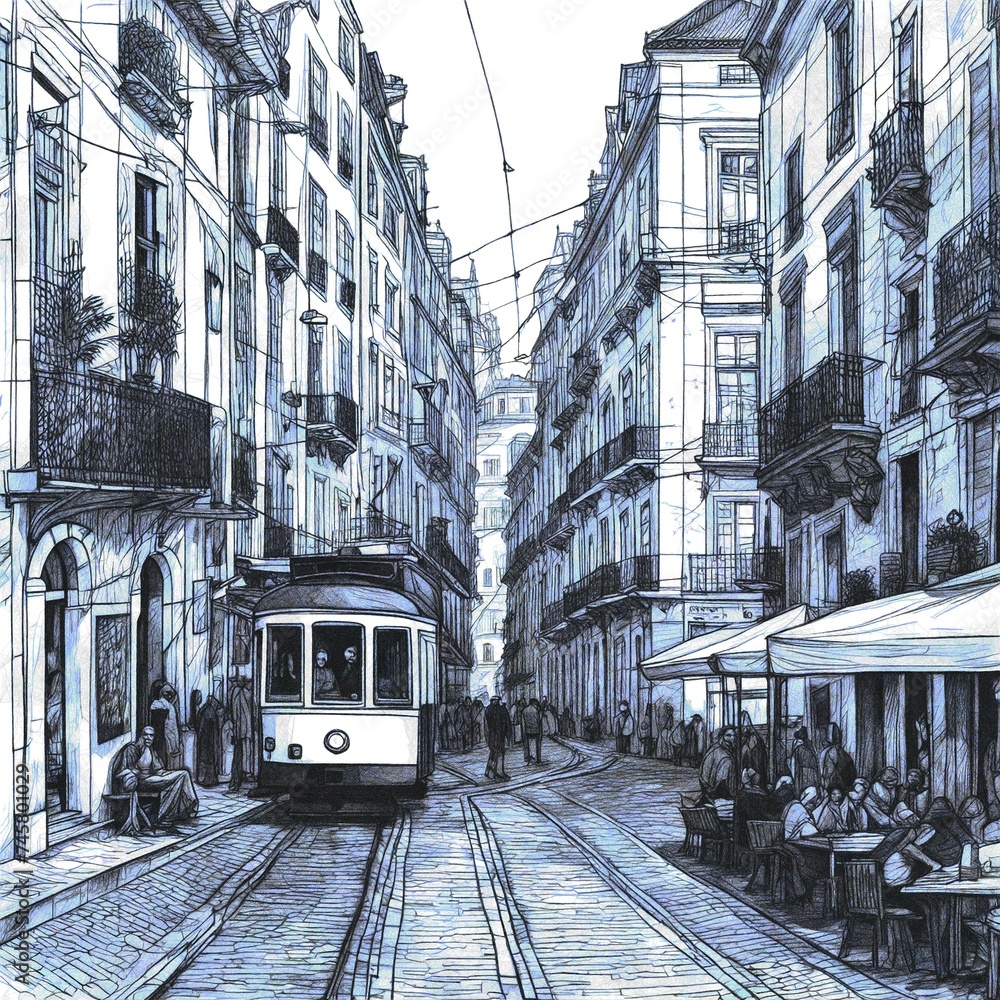 Название: Lisbon Cityscape Sketch Описание: A detailed sketch of a ...