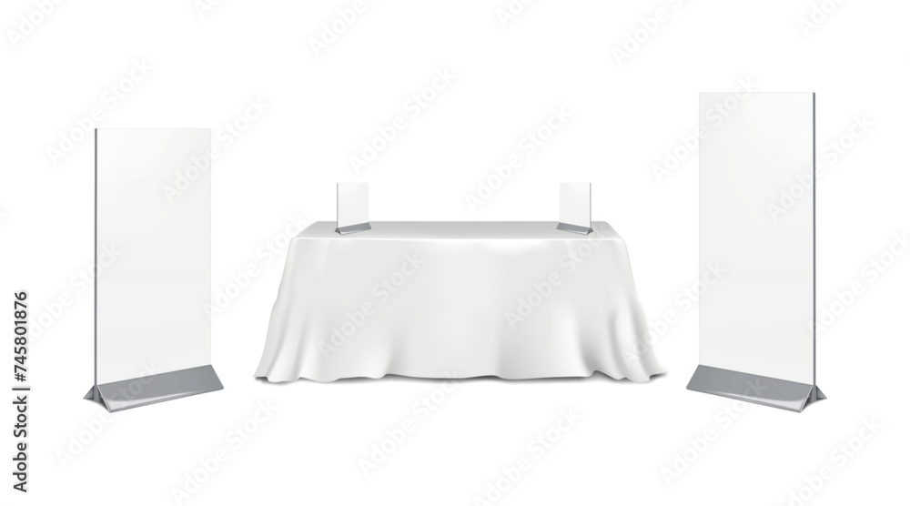 Exhibition set template. Table covered with white tablecloth with blank ...