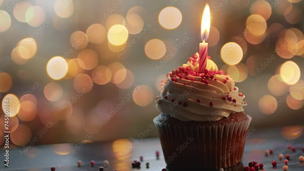 delicious birthday cupcake with burning candle against blurred lights ...