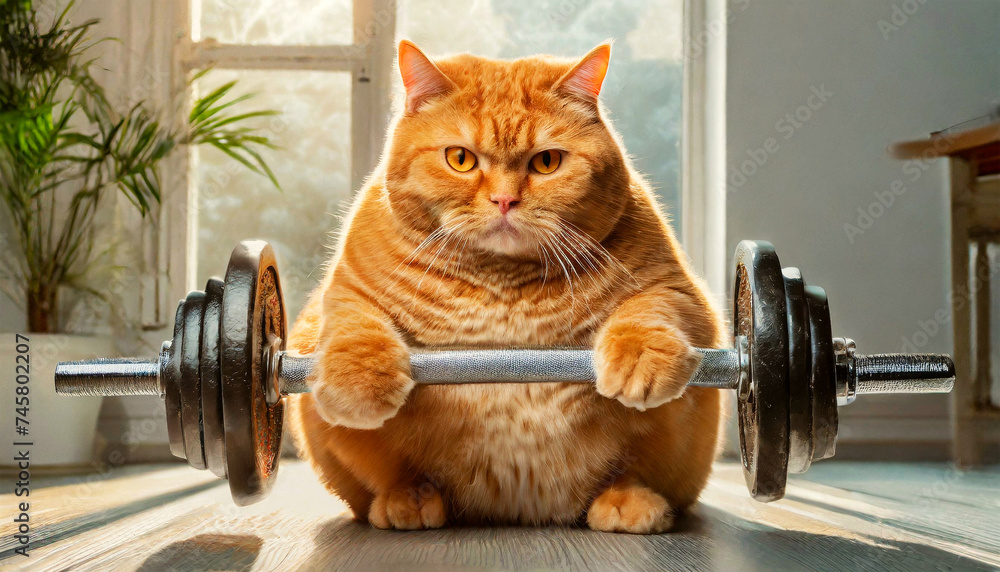 Close-up of an obese and overweight orange cat lifting weights in order ...