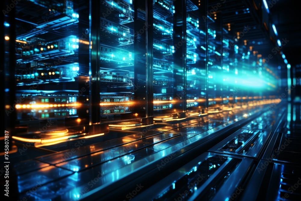 Modern data center interior with rows of secure server racks in a controlled environment Stock ...