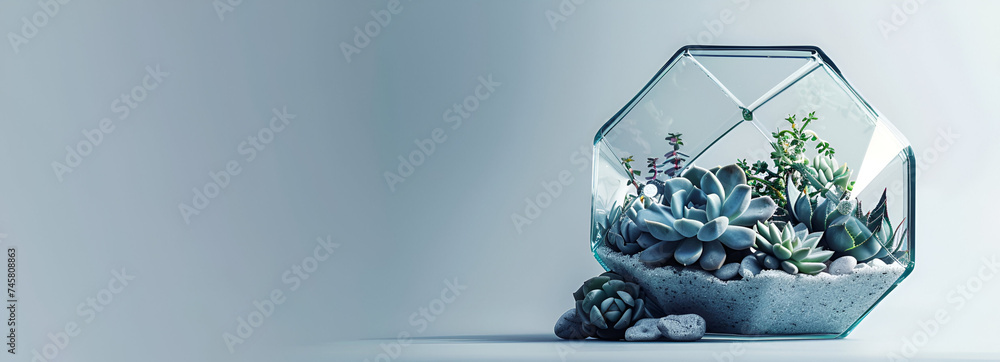 Geometric glass florarium terrarium with succulents, moss, cactuson a ...