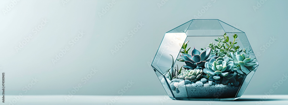 Geometric glass florarium terrarium with succulents, moss, cactuson a ...
