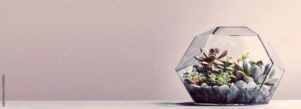 Geometric glass florarium terrarium with succulents, moss, cactuson a ...