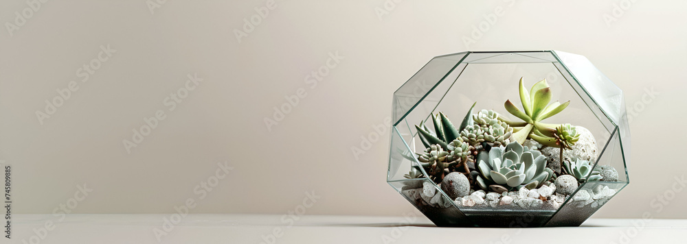 Geometric glass florarium terrarium with succulents, moss, cactuson a ...
