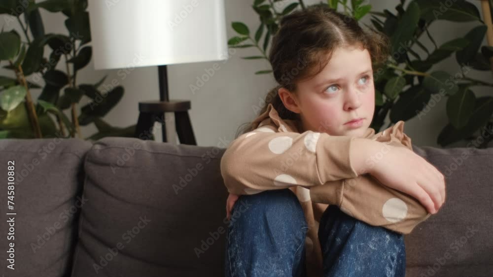 Upset unhappy offended caucasian preteen girl feeling sad alone bullied ...