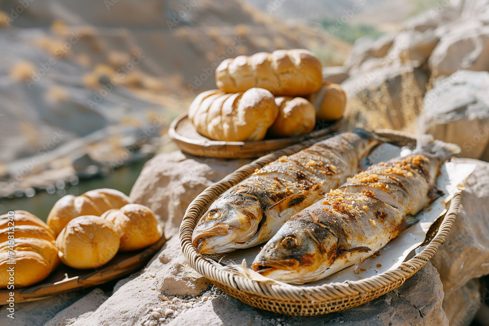 Fish and bread. Christian illustration of the gospel miracle of Jesus ...