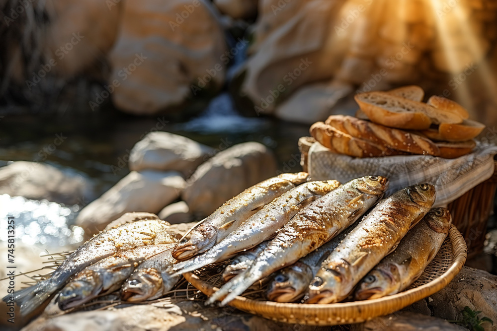 Fish and bread. Christian illustration of the gospel miracle of Jesus ...