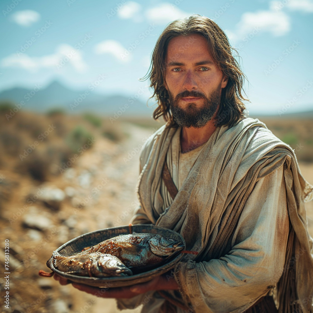 Jesus Christ and fish. Christian illustration of the gospel miracle of ...