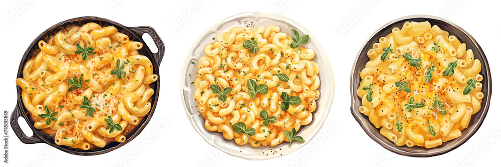 Set of three plates of mac and cheese watercolor illustration on ...